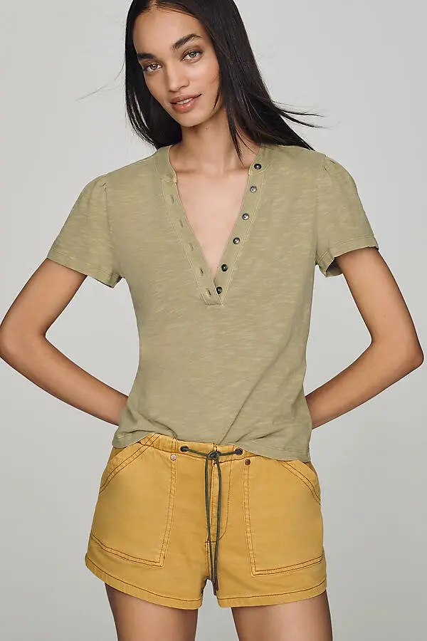 PILCRO Cotton Henley Tee - Cedar