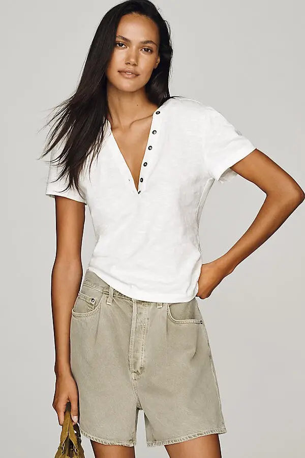PILCRO Cotton Slub Henley T-shirt - Ivory