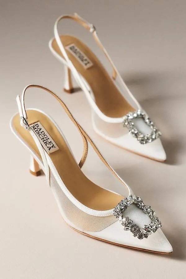 Badgley Mischka Yuta Mesh Slingback Pumps - White Satin