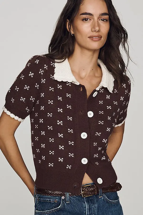 RAISONNEL Short-sleeve Collared Cardigan - Brown Pattern