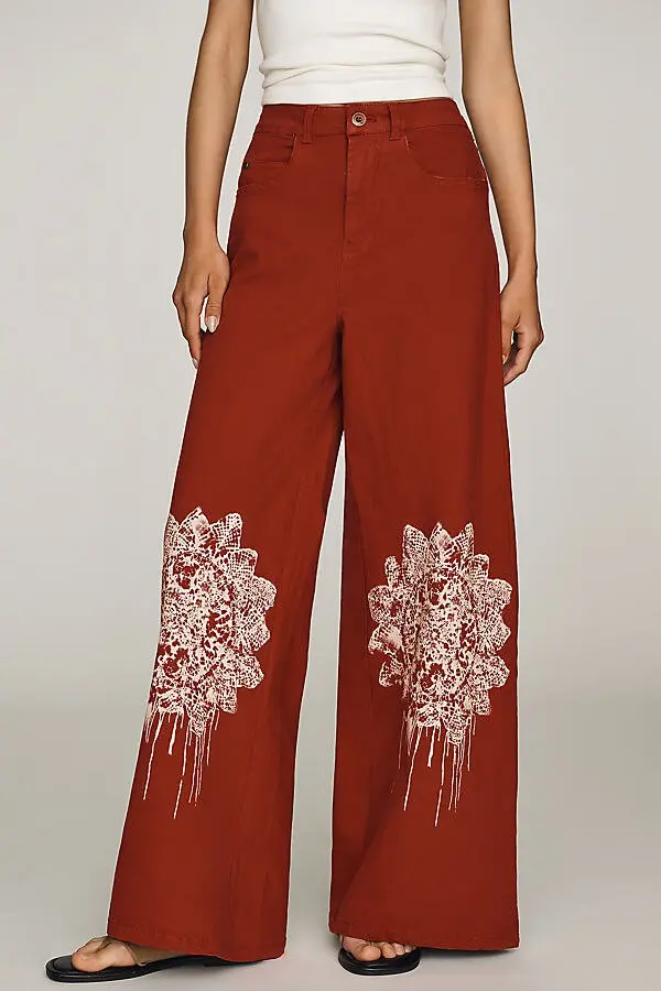 PILCRO Prted Lacework Wide-leg Pants