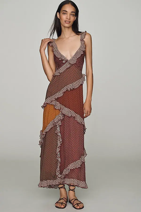 Anthropologie Patchwork Ruffle Midi Dress - Pink Pattern