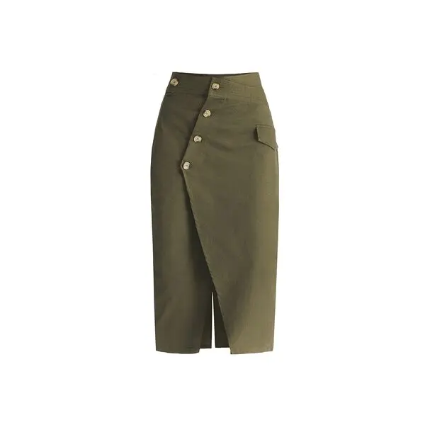 PAISIE Asymmetric Midi Skirt With Button Details In Khaki