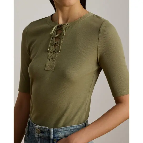 Ralph Lauren Lace-up Ribbed Elbow-sleeve Tee