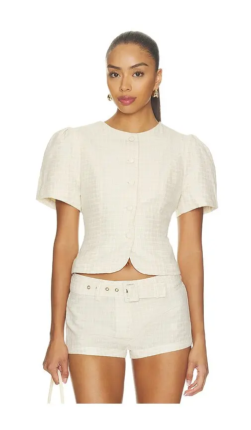 Lioness Femme Blouse Puff Sleeve Cropped Top - Beige Check