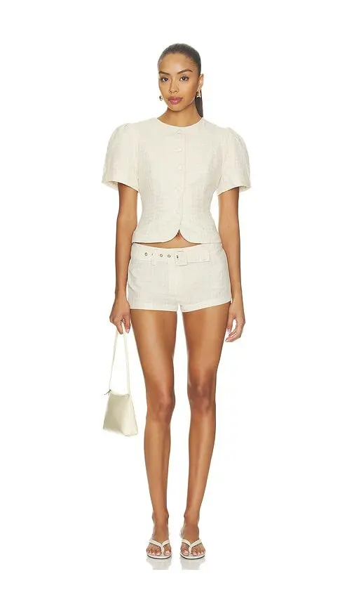 Lioness Femme Blouse Puff Sleeve Cropped Top - Beige Check