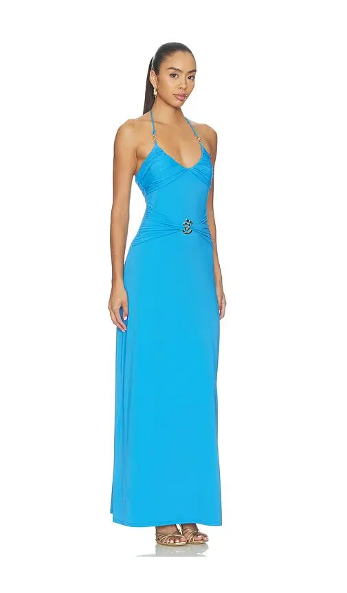 RUNAWAY THE LABEL Nina Ruched Halter Maxi Dress In Blue