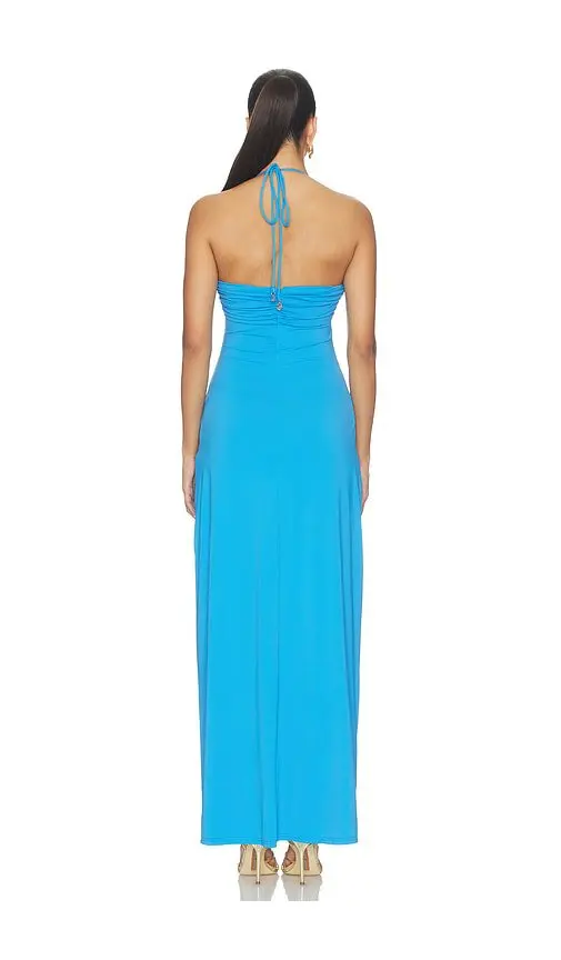 RUNAWAY THE LABEL Nina Ruched Halter Maxi Dress In Blue
