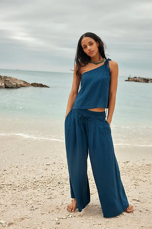 Free People Sandshell Linen Sahara Pant Set - Poseidon
