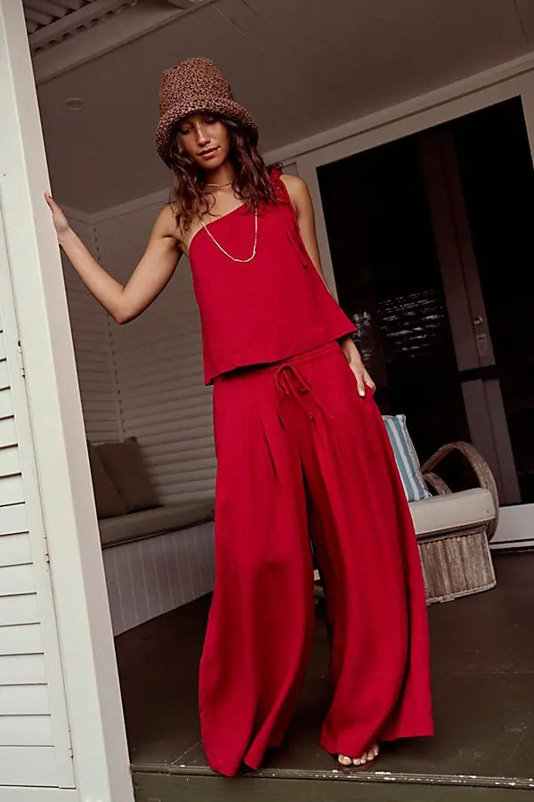 Free People Sandshell Linen Sahara Pant Set - Salsa