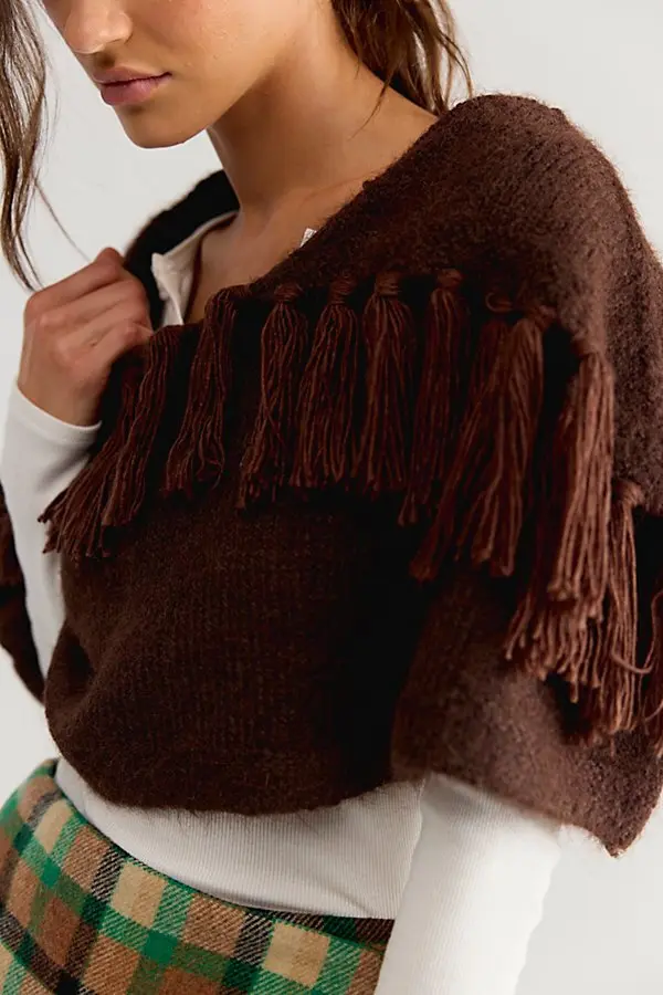 Free People Cabin Fever Fringe Capelet - Coffee Bean