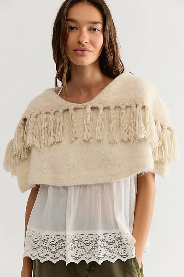 Free People Cabin Fever Fringe Capelet - Ivory