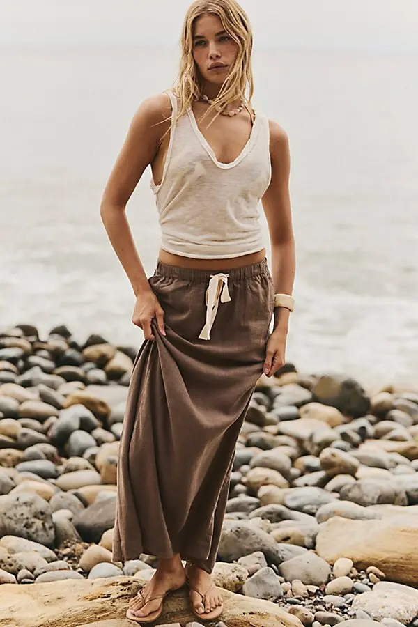 Free People Linen Blend Maxi Skirt With Drawstring Waistband - Dried Walnut