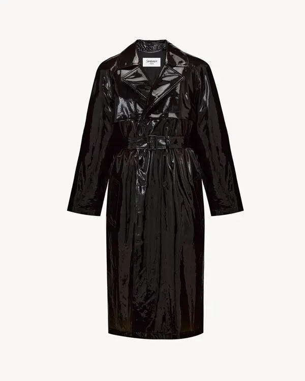 Saint Laurent Trench Coat In Patent Pu - Marron Ebene