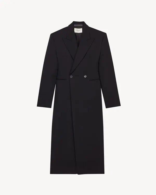 Saint Laurent Long Coat In Grain De Poudre - Noir