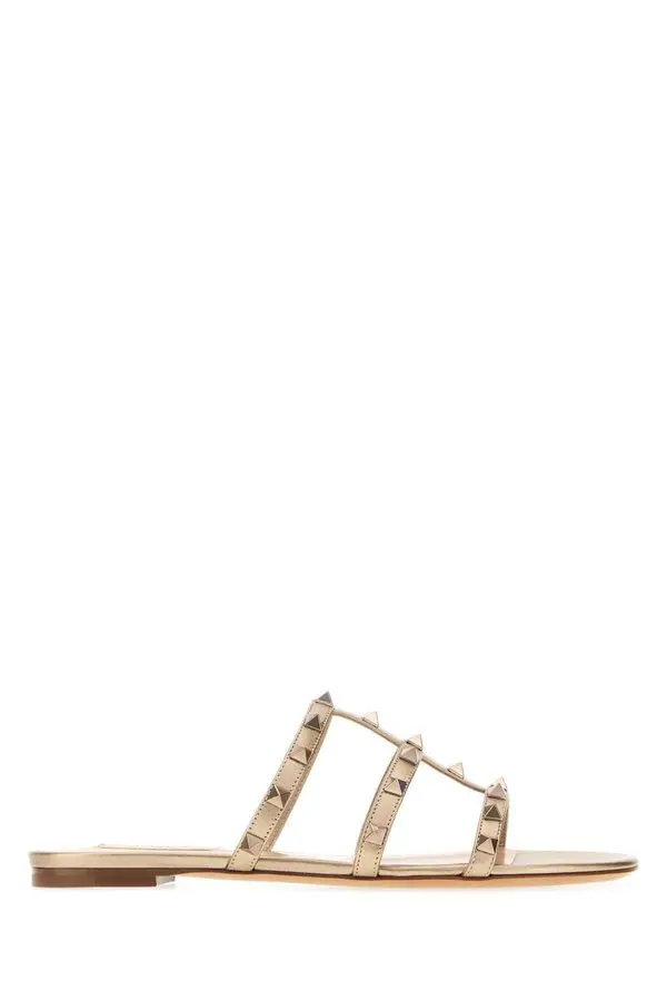 Valentino Garavani Leather Rockstud Slippers - Gold