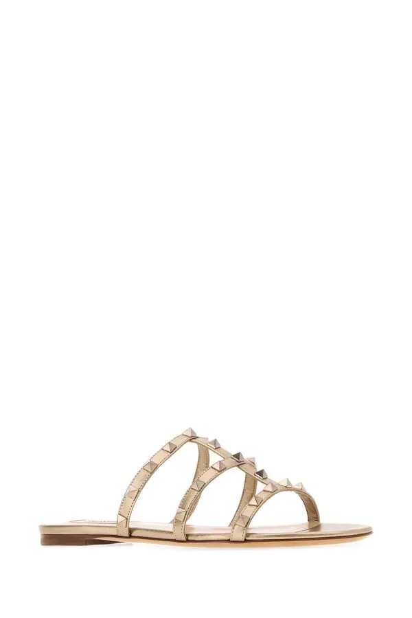 Valentino Garavani Leather Rockstud Slippers - Gold