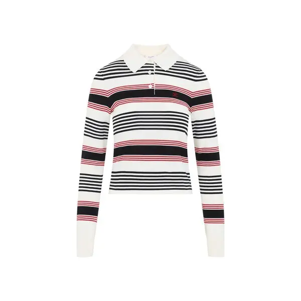 Celine Striped Cotton Polo Knit Sweater - White