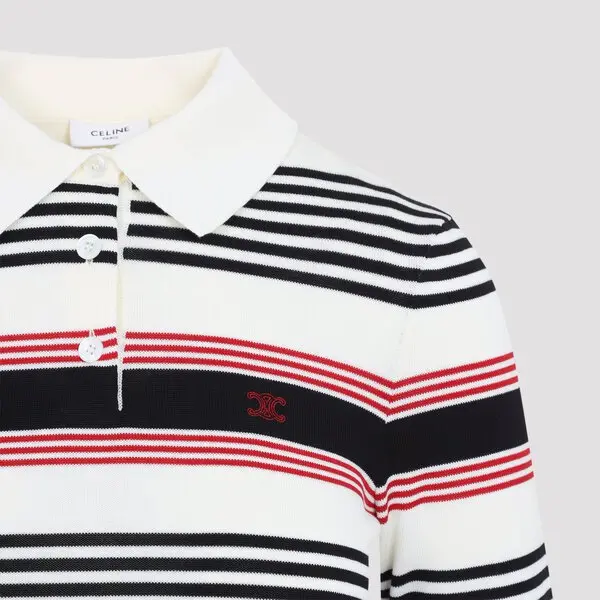 Celine Striped Cotton Polo Knit Sweater - White