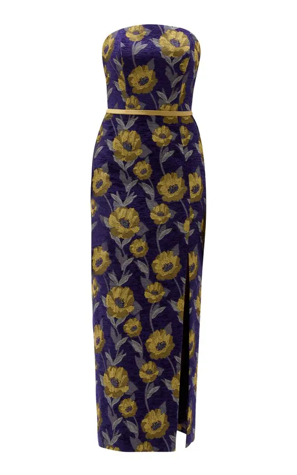 Amsale Floral Brocade Strapless Dress