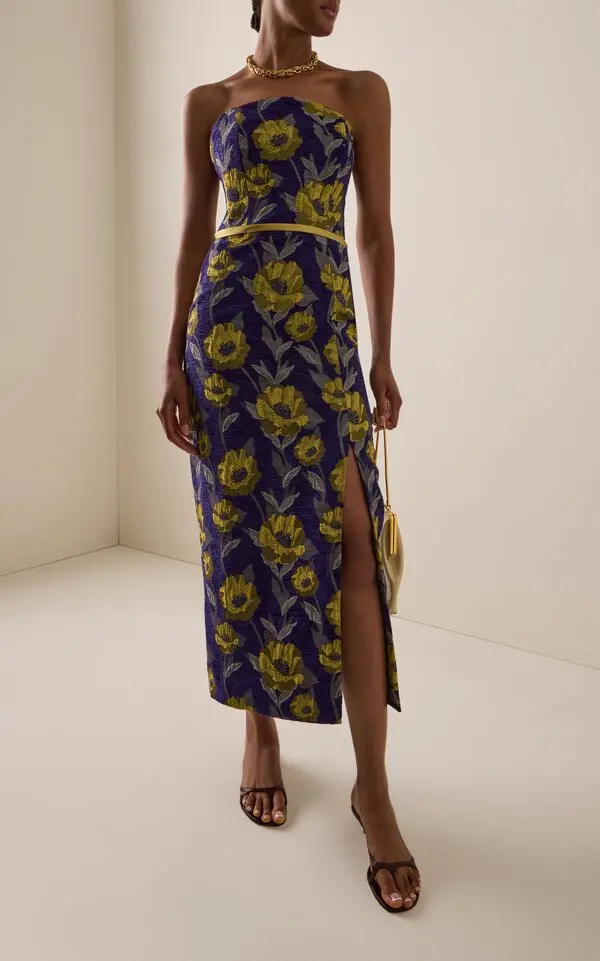 Amsale Floral Brocade Strapless Dress