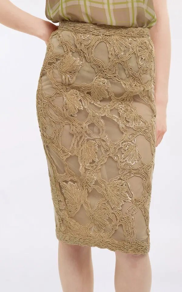 Elie Saab Raffia-embroidered Silk-blend Midi Pencil Skirt