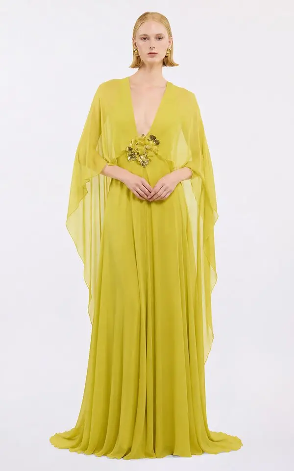 Elie Saab Cape-sleeve Silk Gown