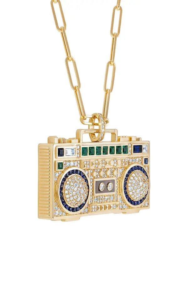 NEVERNOT 14k Yellow Gold Boombox Necklace With Diamonds And Emeralds