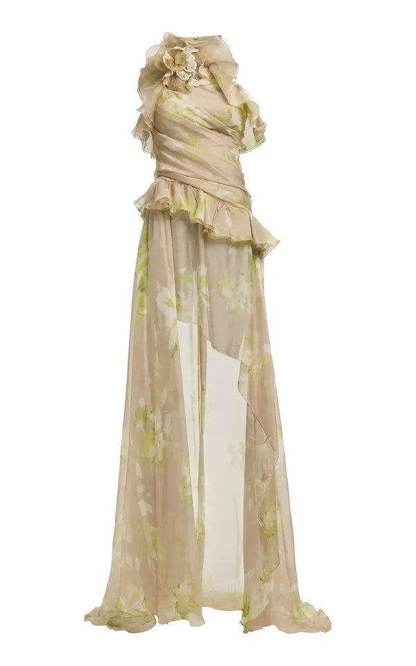 Elie Saab Asymmetrical Draped Ruffle Silk-chiffon Gown - Floral