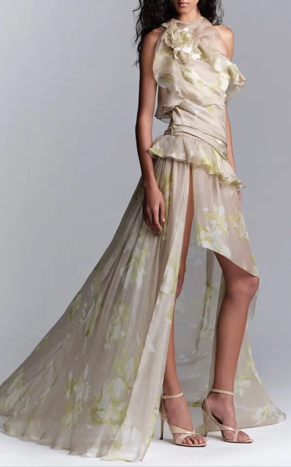 Elie Saab Asymmetrical Draped Ruffle Silk-chiffon Gown