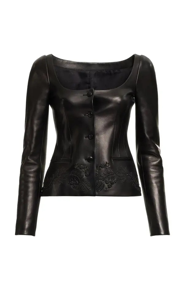 Elie Saab Embroidered Leather Scoop Neck Jacket