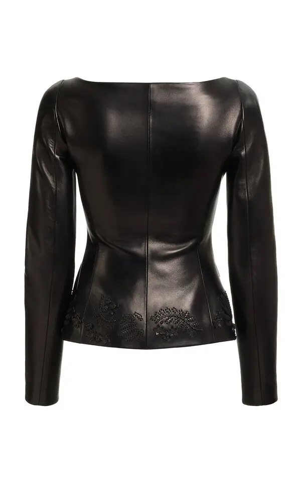 Elie Saab Embroidered Leather Scoop Neck Jacket
