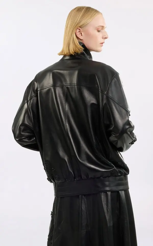 Elie Saab Embroidered Leather Bomber Jacket