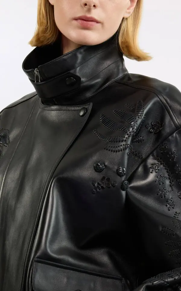 Elie Saab Embroidered Leather Bomber Jacket