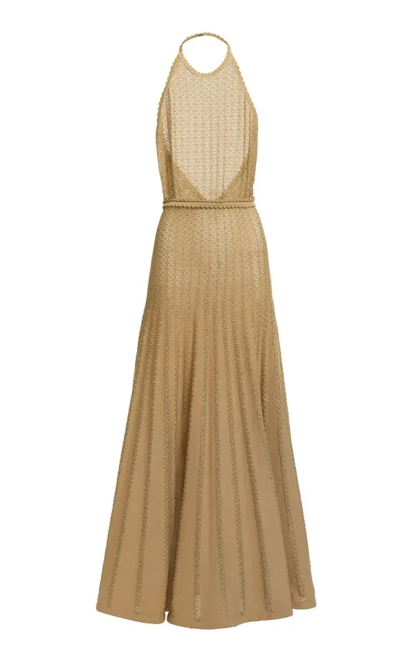 Elie Saab Halter Top Sheer Knit Maxi Dress - Gold