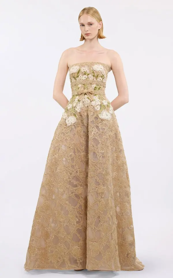 Elie Saab Floral-embellished Raffia-embroidered Gown