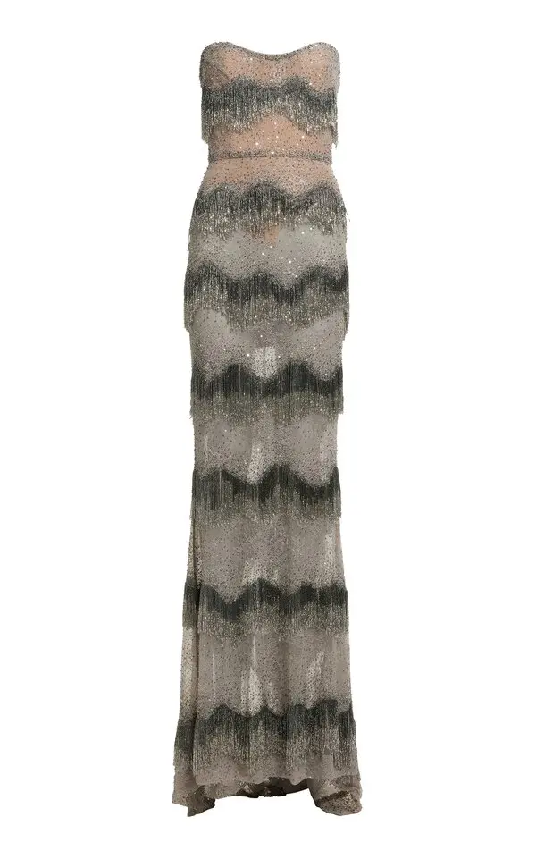 Elie Saab Tiered Beaded-fringe Silk-blend Maxi Dress