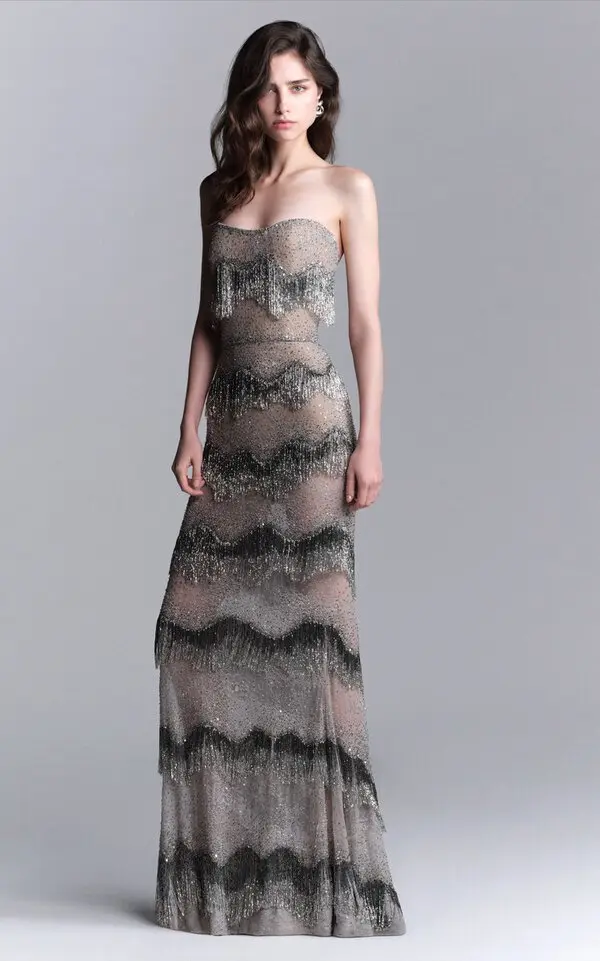 Elie Saab Tiered Beaded-fringe Silk-blend Maxi Dress
