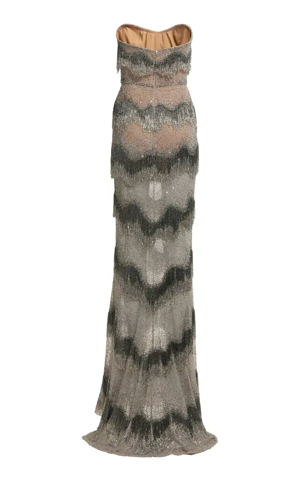 Elie Saab Tiered Beaded-fringe Silk-blend Maxi Dress