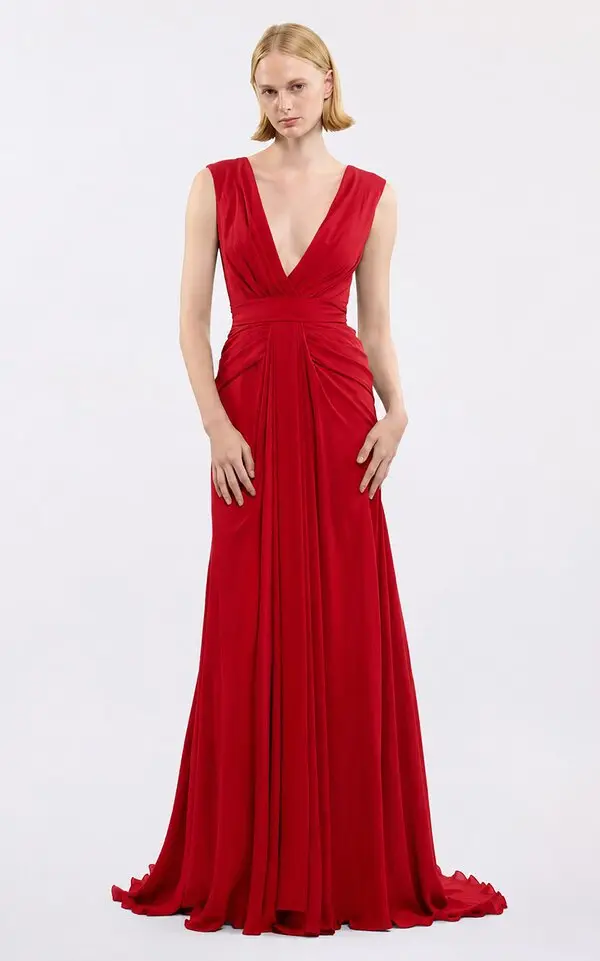 Elie Saab Draped V-neck Silk Maxi Dress