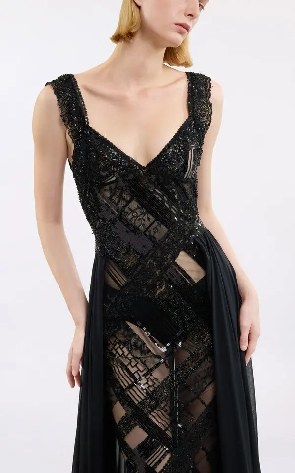 Elie Saab Draped Bead-embroidered Maxi Dress