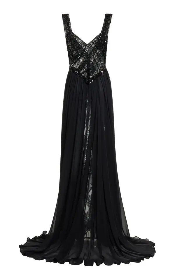 Elie Saab Draped Bead-embroidered Maxi Dress