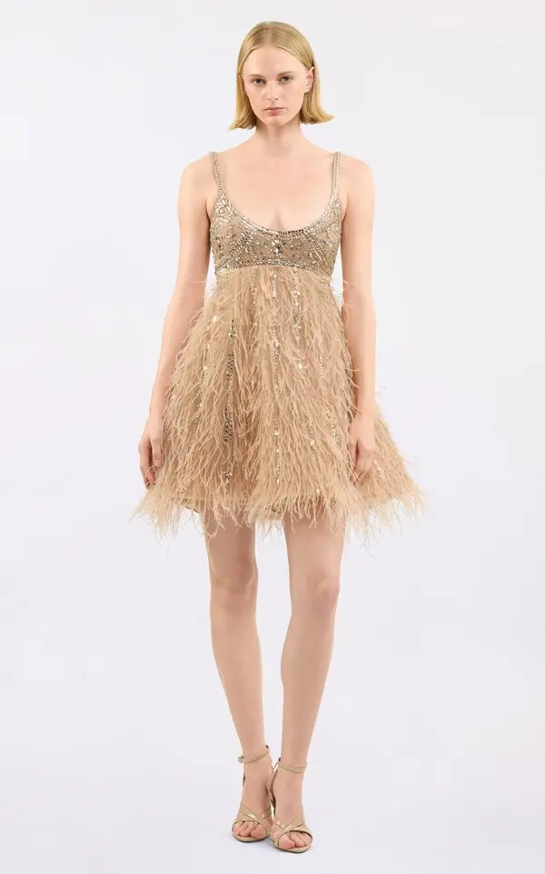 Elie Saab Bead-embroidered Feather-embellished Silk-blend Mini Dress