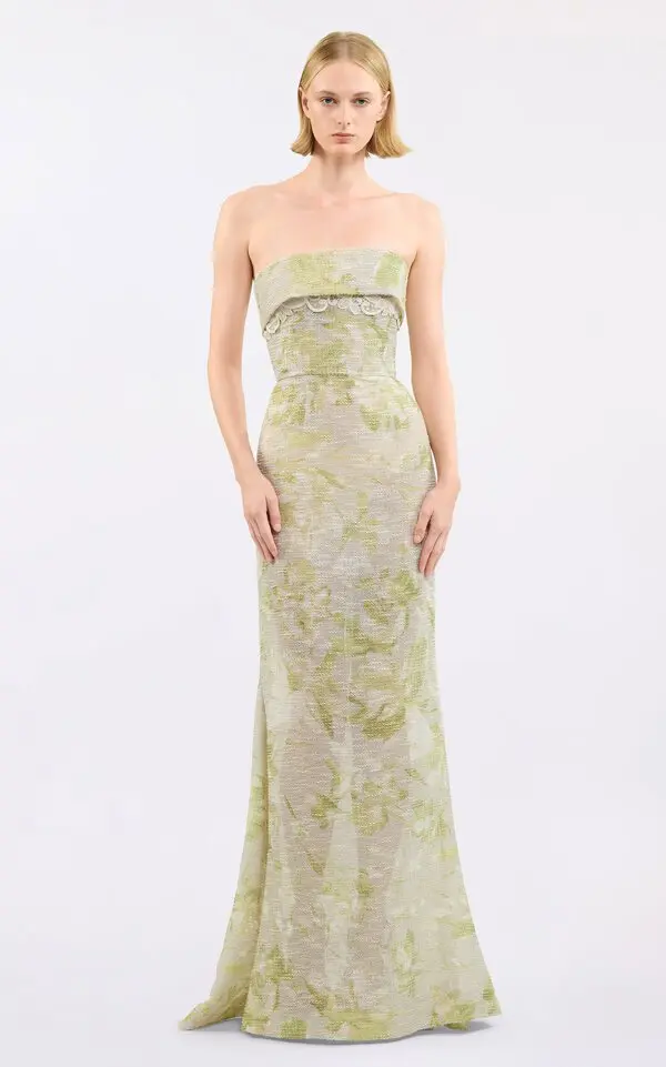 Elie Saab Fold Over Top Silk-blend Tweed Maxi Dress