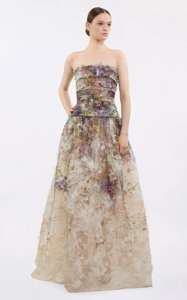 Elie Saab Floral-embellished Strapless Maxi Dress