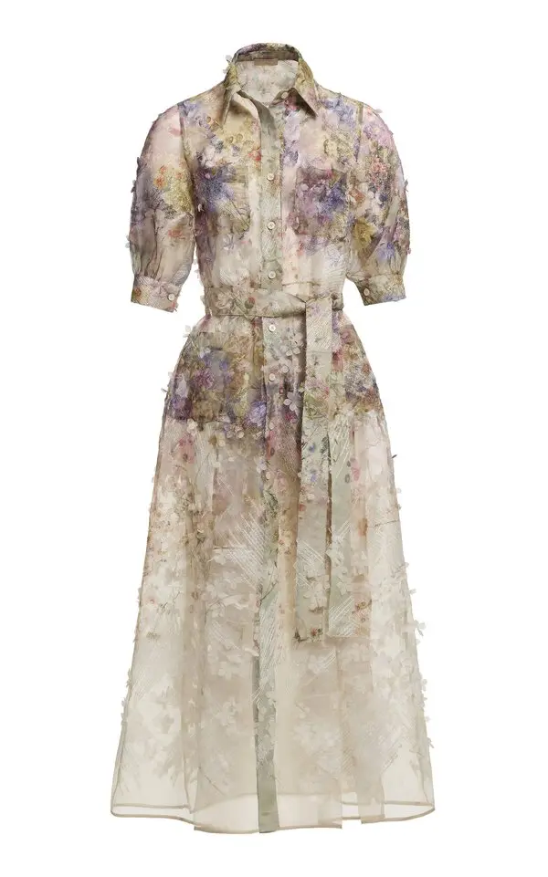 Elie Saab Floral-embellished Button-front Midi Dress