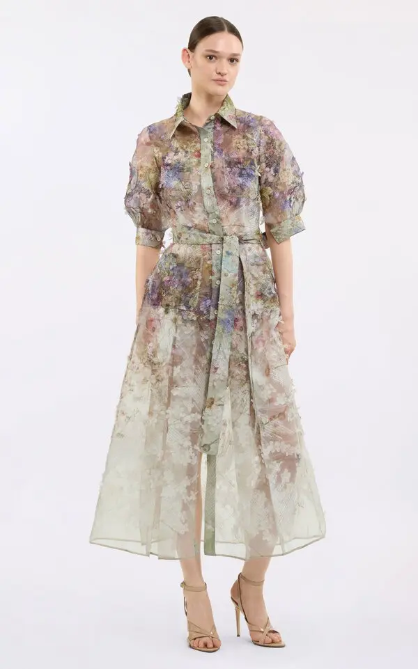 Elie Saab Floral-embellished Button-front Midi Dress