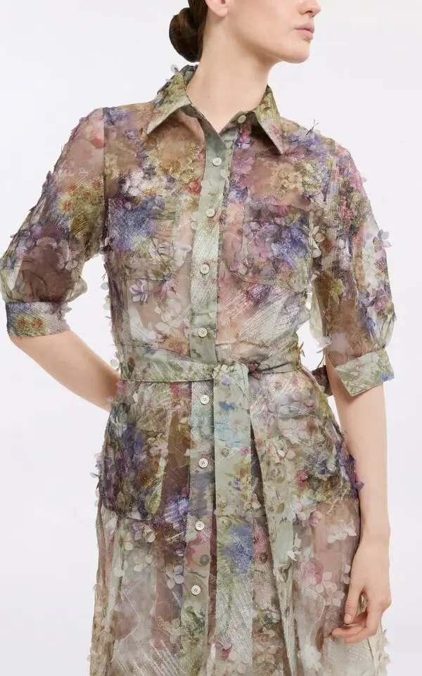 Elie Saab Floral-embellished Button-front Midi Dress