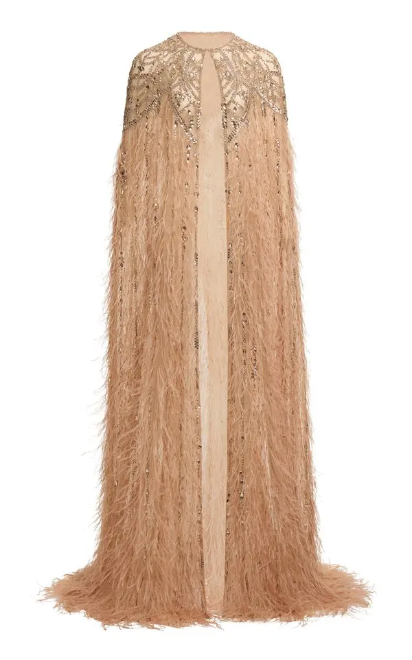Elie Saab Bead-embroidered Feather-embellished Silk-blend Cape