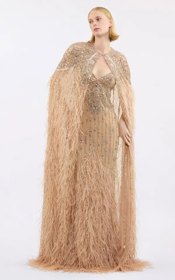 Elie Saab Bead-embroidered Feather-embellished Silk-blend Cape